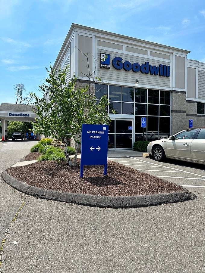 Goodwill Westport's modern exterior hints at the upscale treasures within. Designer labels at dime store prices await!