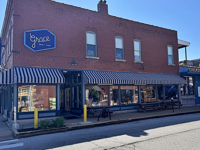 Grace Meat + Three's blue-striped awnings hint at the fresh take on Southern classics waiting inside this stylish spot.