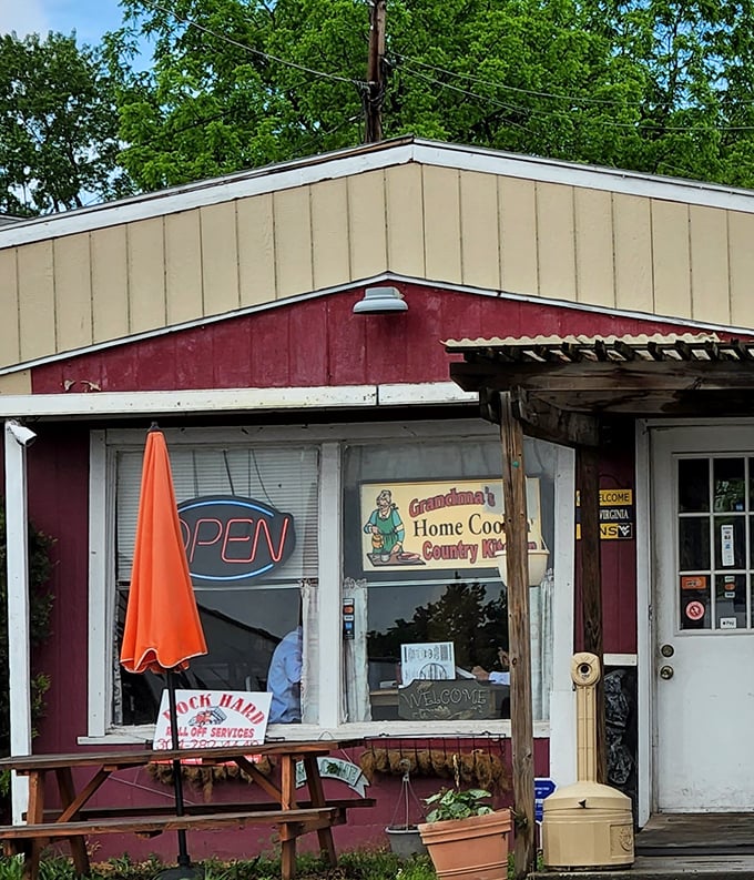 Grandma's Country Kitchen's rustic red exterior is like a beacon for hungry souls seeking home-cooked salvation.