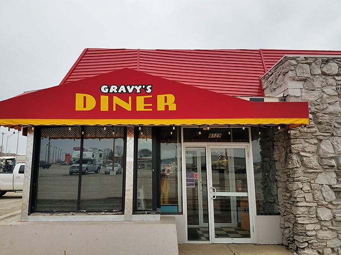 Gravy's bold red roof and stone facade stand ready to satisfy Cedar Falls' breakfast cravings. The name tells you exactly what they do best.