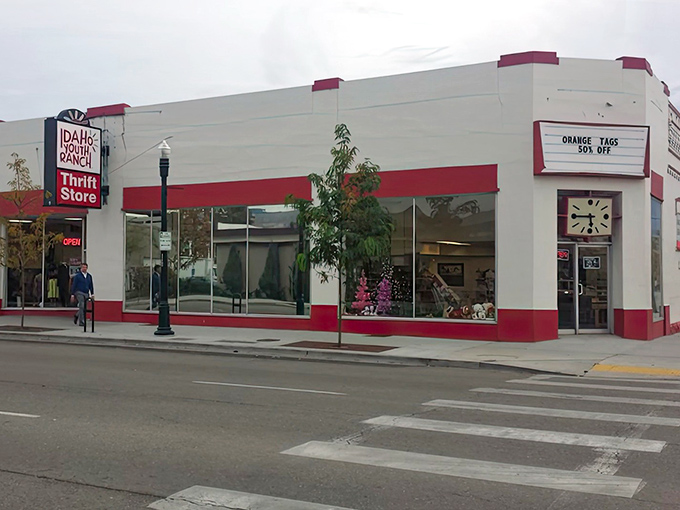 Idaho Youth Ranch's classic red and white storefront beckons with the promise of vintage treasures waiting to be discovered inside.
