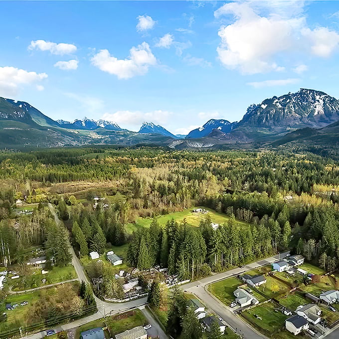 A bird's-eye view of Index nestled beneath its namesake mountain. From up here, the town looks like a model village in nature's playground.