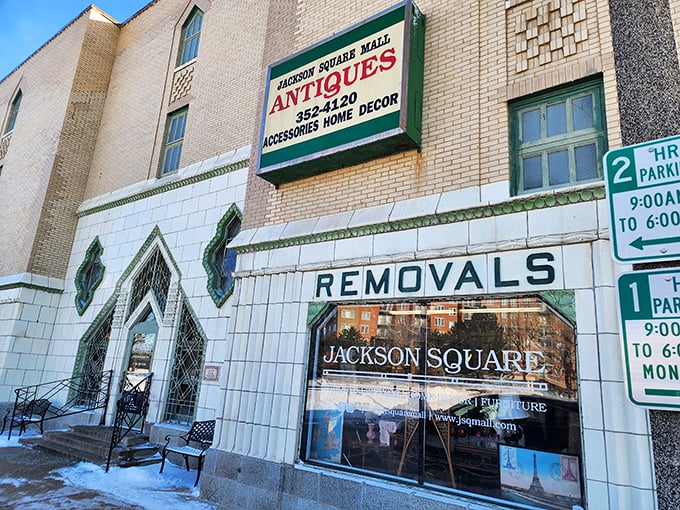Jackson Square's impressive architecture stands as a temple to treasures past, with arched windows framing vintage delights.