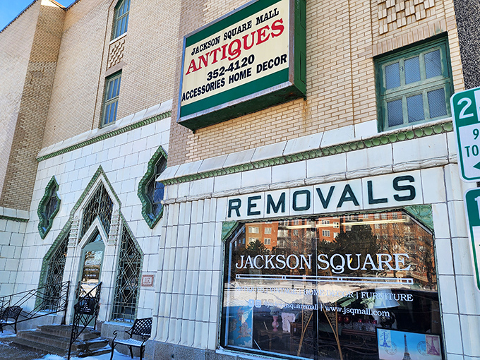 Jackson Square's distinctive tile work and vintage signage create the perfect backdrop for serious antique hunting adventures.