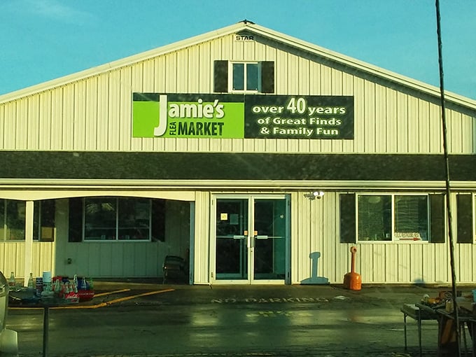 Jamie's green sign proudly announces over 40 years of connecting bargain hunters with their perfect finds.