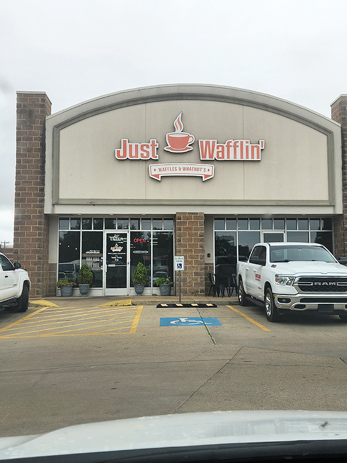 Just Wafflin's storefront makes a simple promise that inside, waffle dreams come deliciously true.