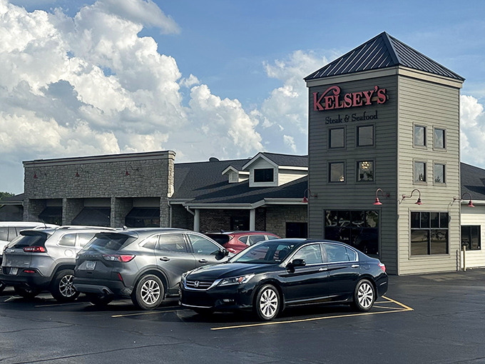 Kelsey's tower stands like a lighthouse guiding hungry travelers to a safe harbor of excellent steaks.
