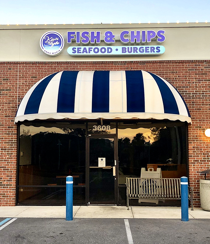That blue-and-white awning signals seafood salvation! Kiwi Style brings New Zealand fish and chip mastery to Anna Maria Island.