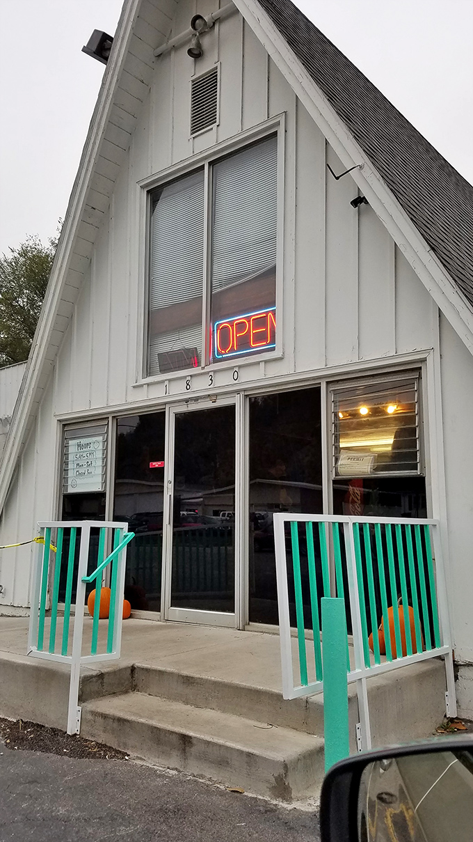 Mary Lou's distinctive A-frame looks like a church dedicated to the religion of perfect donuts. Pilgrims welcome.