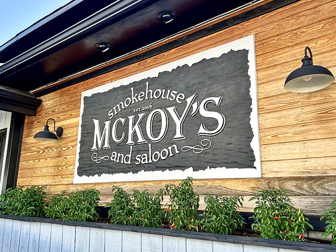 McKoy's wooden facade and elegant signage hint at the upscale barbecue experience waiting inside this Charlotte smokehouse.