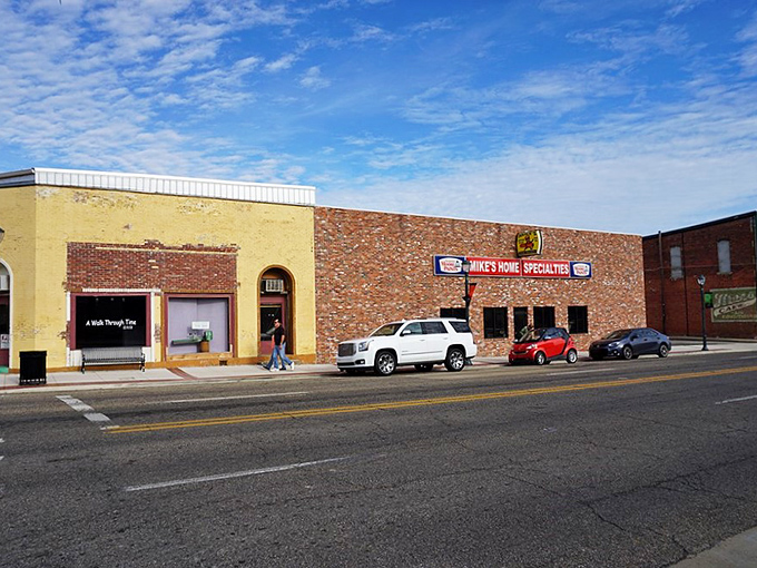 Ouachita Mountain backdrop frames this charming downtown where brick buildings stand proud against that spectacular Arkansas blue sky overhead.