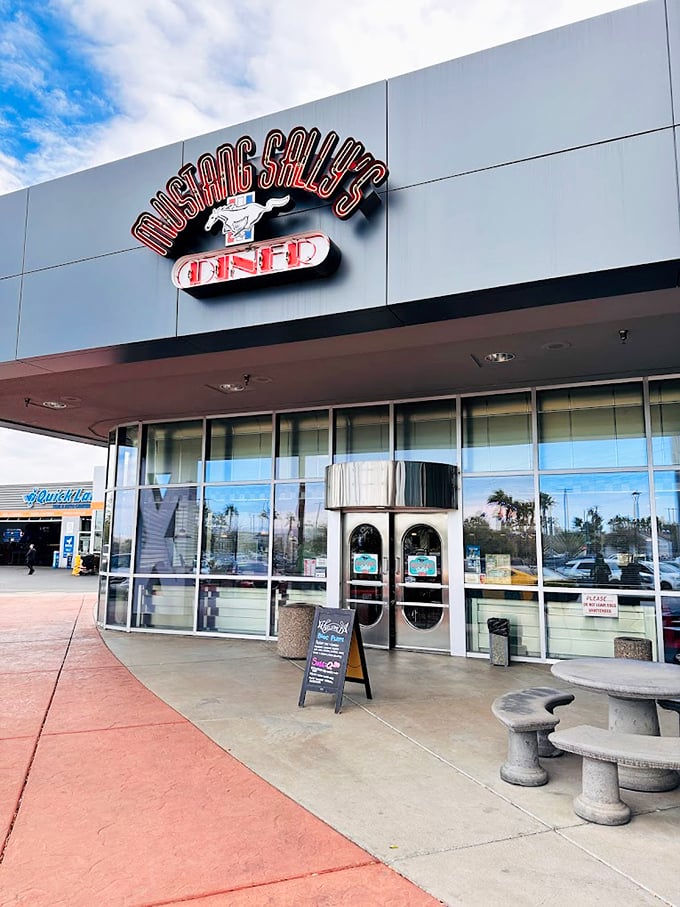 The sleek modern exterior promises retro vibes with contemporary comfort for today's hungry travelers.