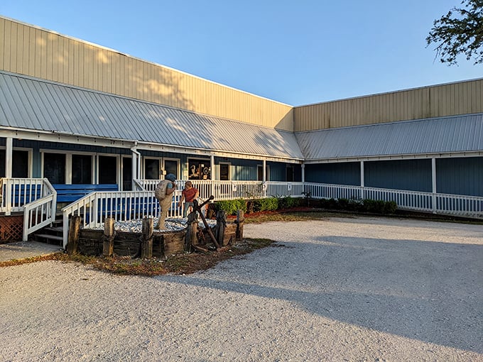 Golden hour lighting transforms this classic seafood house into something straight from a Southern postcard dream.