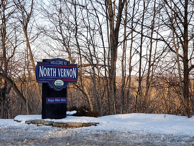 North Vernon welcomes visitors with a sign that might as well read "Your Social Security Check: Now Worth More!"