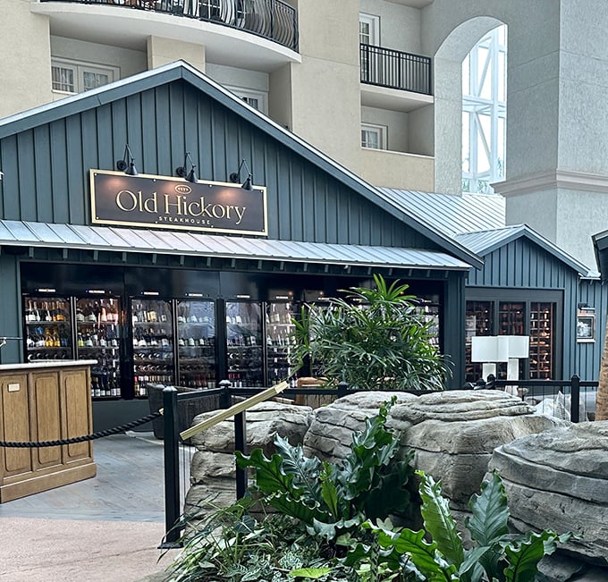 This rustic lodge aesthetic creates the perfect atmosphere for serious steak conversations and celebrations.