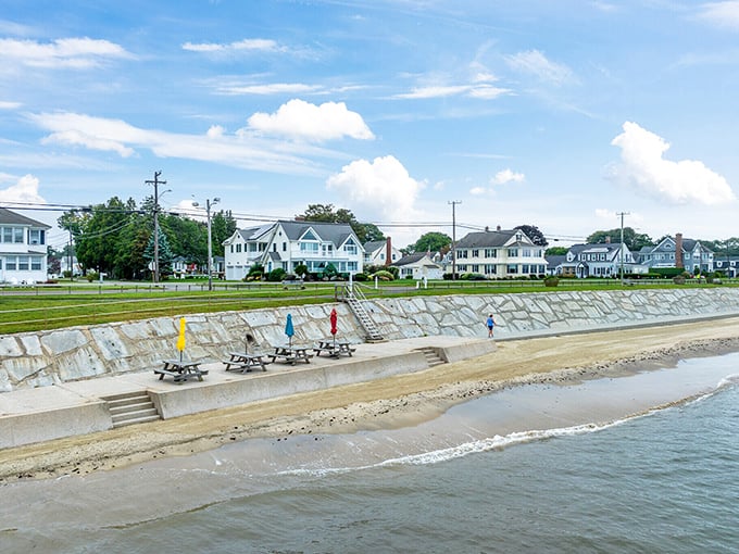 The beach at Old Saybrook welcomes visitors with picnic tables and views that make smartphone cameras work overtime.