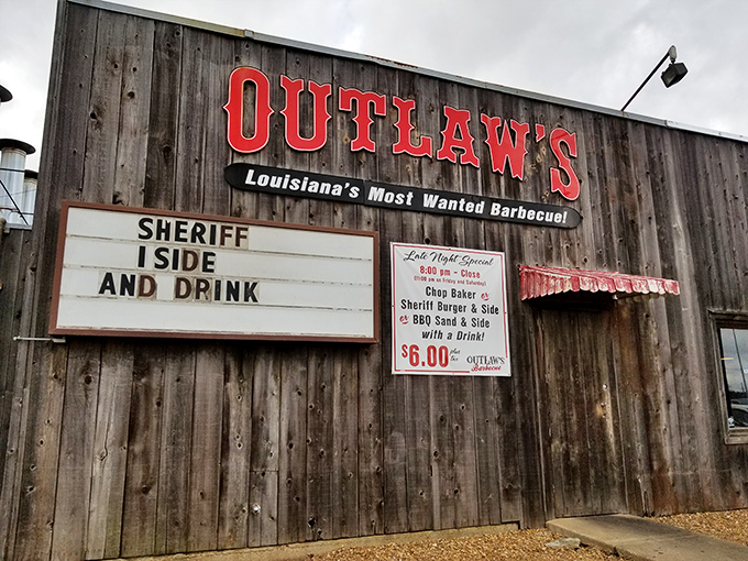 Outlaws BBQ's weathered wooden facade looks like it belongs in a Western movie &ndash; "Louisiana's Most Wanted Barbecue" is a bold claim they back up.