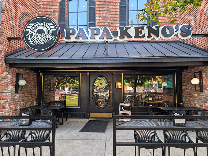Papa Keno's brick facade blends perfectly with downtown Lawrence. College students' pizza prayers answered since forever!