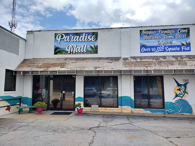Paradise Mall's colorful exterior hints at the rainbow of treasures waiting inside for savvy shoppers.