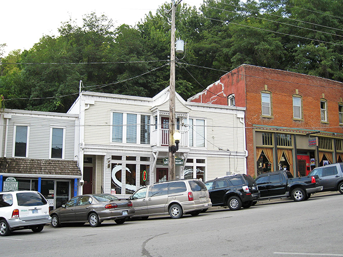 Parkville's historic buildings stand at attention like they're still waiting for their close-up in yesterday's movie.