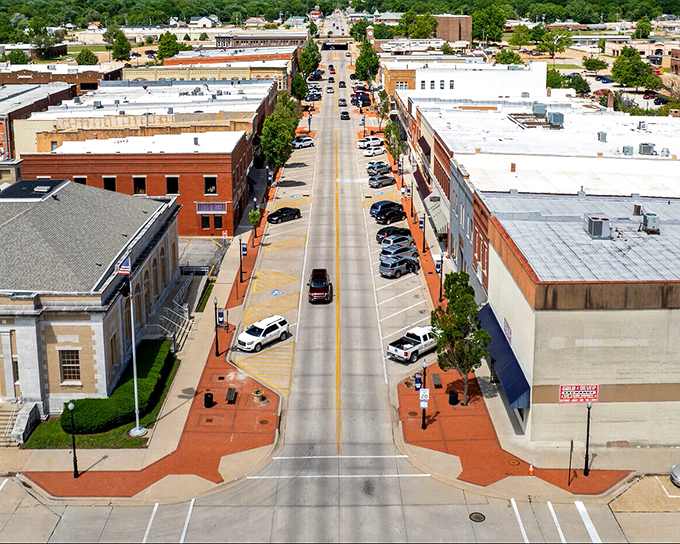 From above, Parsons reveals its perfect small-town symmetry&mdash;neat rows of brick buildings flanking a main street where life moves at a pace that makes sense.