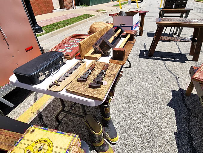 Rust Belt poetry on display! These weathered boots and vintage violin case have stories that would make Kerouac jealous&mdash;all arranged on asphalt canvas.