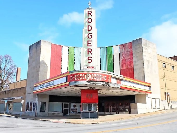 The Rodgers Theatre stands proud like a colorful beacon of entertainment in small-town Missouri's heart.