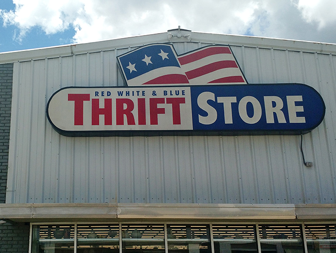 Red White & Blue's patriotic warehouse screams "American bargains inside" - where thrift shopping meets national pride perfectly.