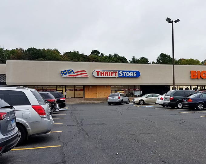 The Red White & Blue Thrift Store stands ready for action. America's colors fly proudly over this bargain hunter's paradise.