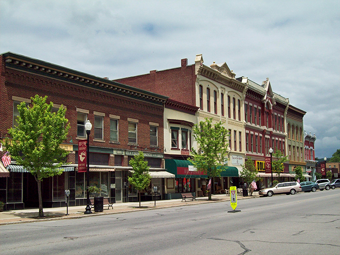 Historic brick buildings line Ridgway's charming Main Street, where affordable small-town living meets classic Pennsylvania architecture.