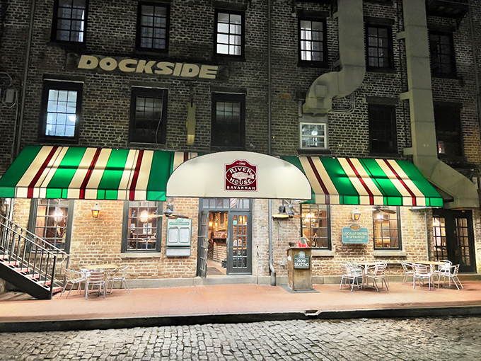 Historic brick and striped awnings signal serious seafood served with generations of Savannah river wisdom.