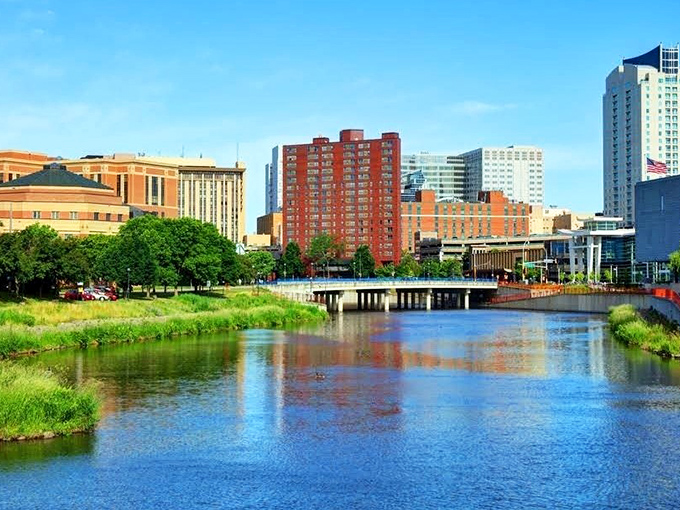Rochester's modern downtown skyline rises along the Zumbro River, proving affordable cities can still look impressive.