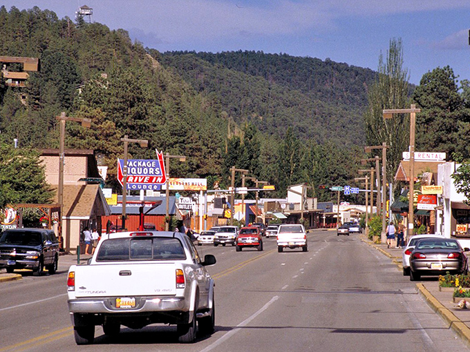 Ruidoso's storefronts stand ready for explorers, with mountains playing peekaboo in the background like shy giants.