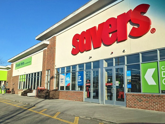 Savers in West Roxbury commands attention with its bold red signage, a suburban castle of second-hand treasures.