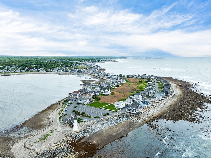 Scituate's rocky coastline tells ancient stories while seaweed decorates the granite like nature's artwork.