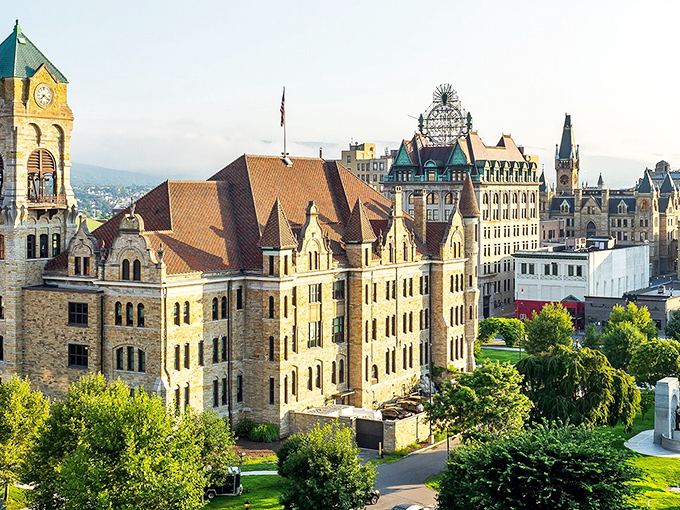 Scranton from above reveals its urban tapestry. The city grid unfolds between green hills, showcasing Pennsylvania's blend of nature and development.