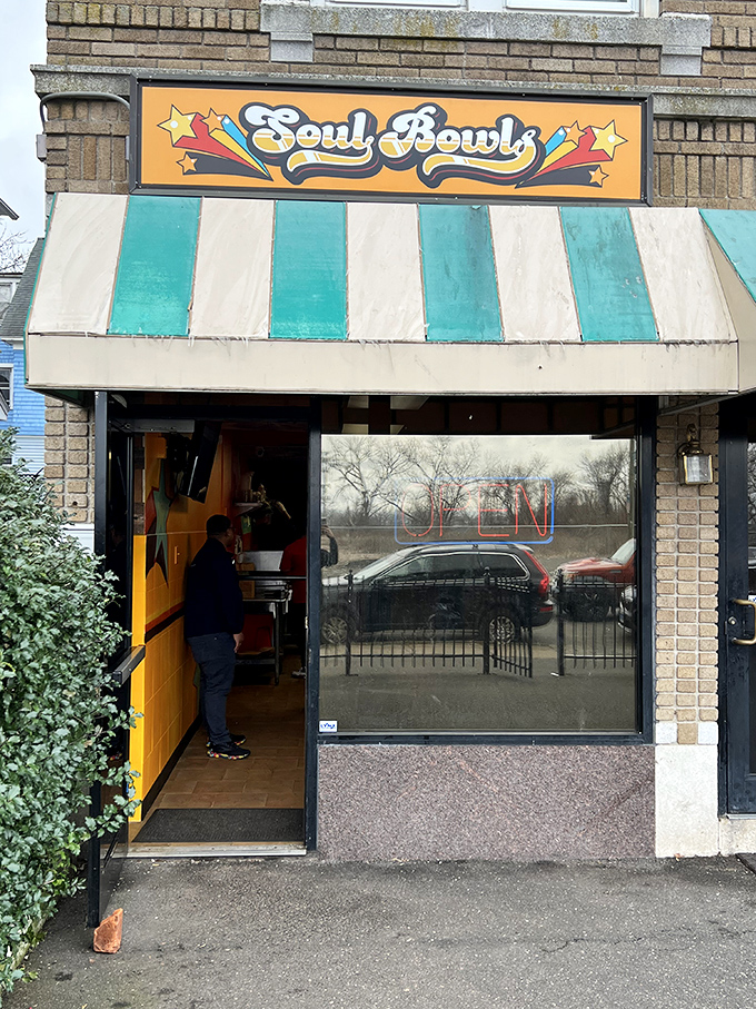 Soul Bowls' colorful awning hints at the vibrant flavors inside this compact Hartford hotspot. 