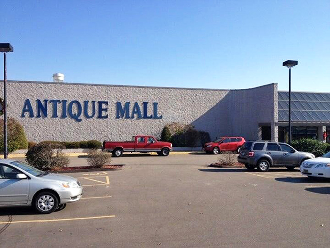 South County Antique Mall's unassuming exterior hides a wonderland of vintage clothing and retro treasures waiting to be discovered.