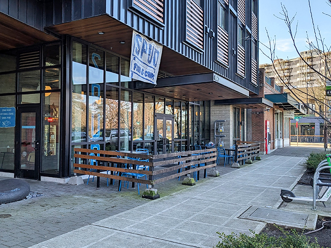Spud's classic fish and chips counter &ndash; where golden batter dreams come true every single day.