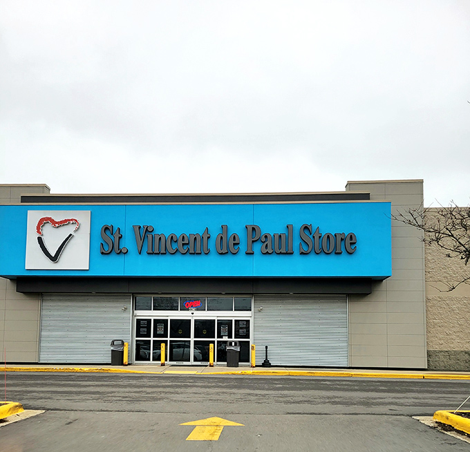 St. Vincent de Paul's bright blue signage stands out like a sapphire in Greenfield's retail landscape.