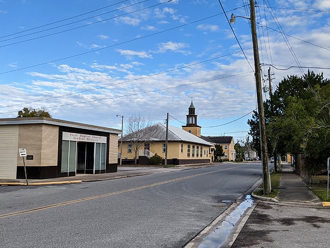 Starke's quiet main street showcases its small-town charm, where historic buildings and blue skies create a peaceful backdrop for affordable living.
