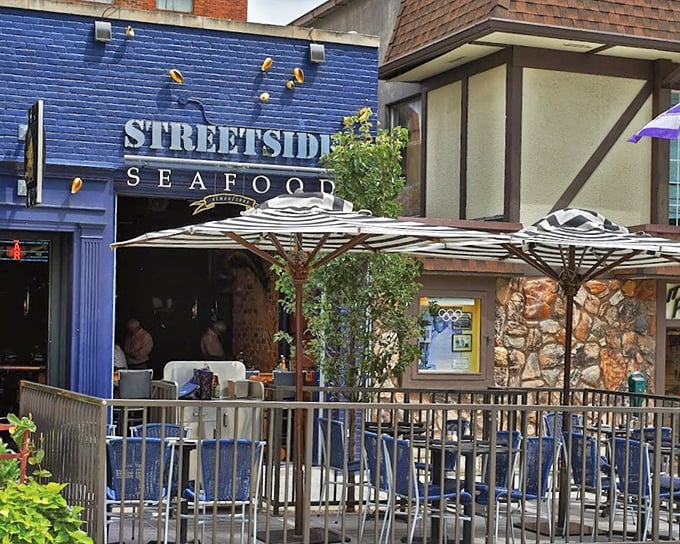Streetside Seafood's cobalt blue facade stands out in Birmingham like a sapphire in a jewelry box.