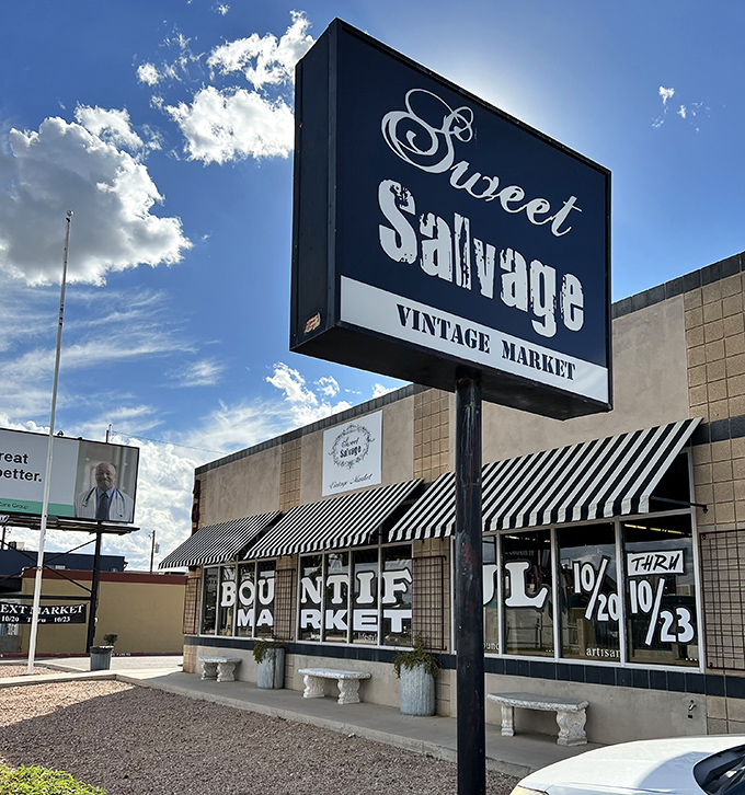 Sweet Salvage's bold signage announces a shopping experience that transforms ordinary weekends into extraordinary treasure hunting adventures for everyone.
