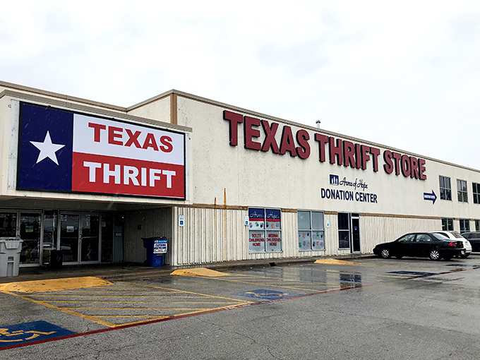This Texas Thrift stretches along the street like a retail battleship ready for bargain hunters.