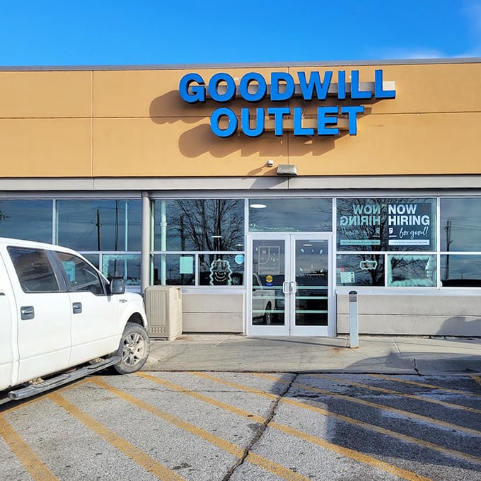 The Goodwill Outlet's straightforward exterior hides the treasure-hunting adventure waiting inside.