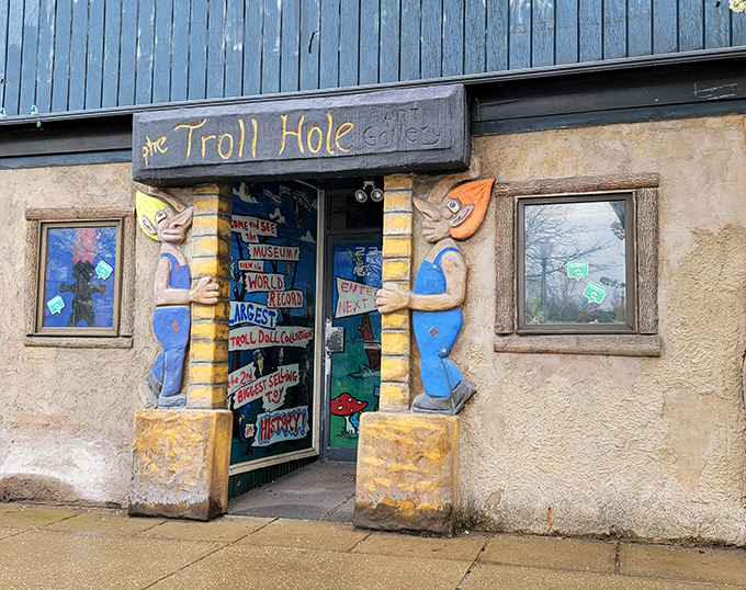 Troll guardians flank the entrance to this whimsical museum. Those wild hairdos never went out of style here!