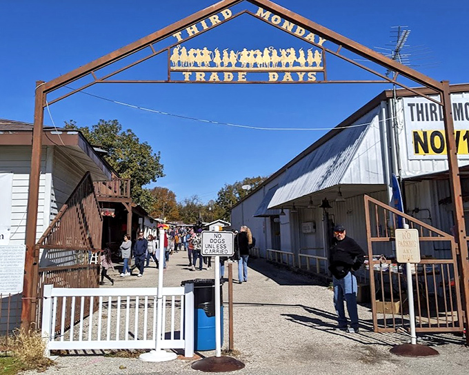 Metal archways welcome monthly shoppers to this legendary trade day gathering in McKinney.
