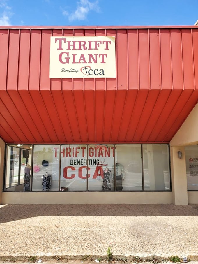 The bright red awning of Thrift Giant Lewisville announces its charitable partnership with local organizations.