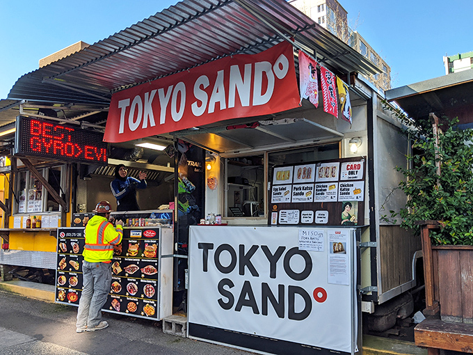 This bright red food cart stands out like a delicious beacon in Portland's food cart wonderland. 