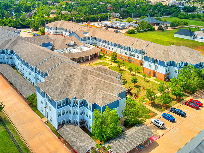 Colorful modern buildings bring vibrant energy to retirement living with contemporary flair and style.
